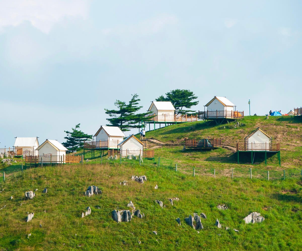 Small Glamping Tents Overlooking Open Meadow